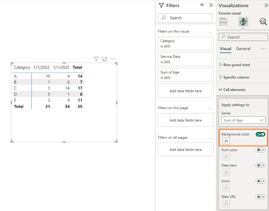 change background color of cells of matrix visual ... - Microsoft ...