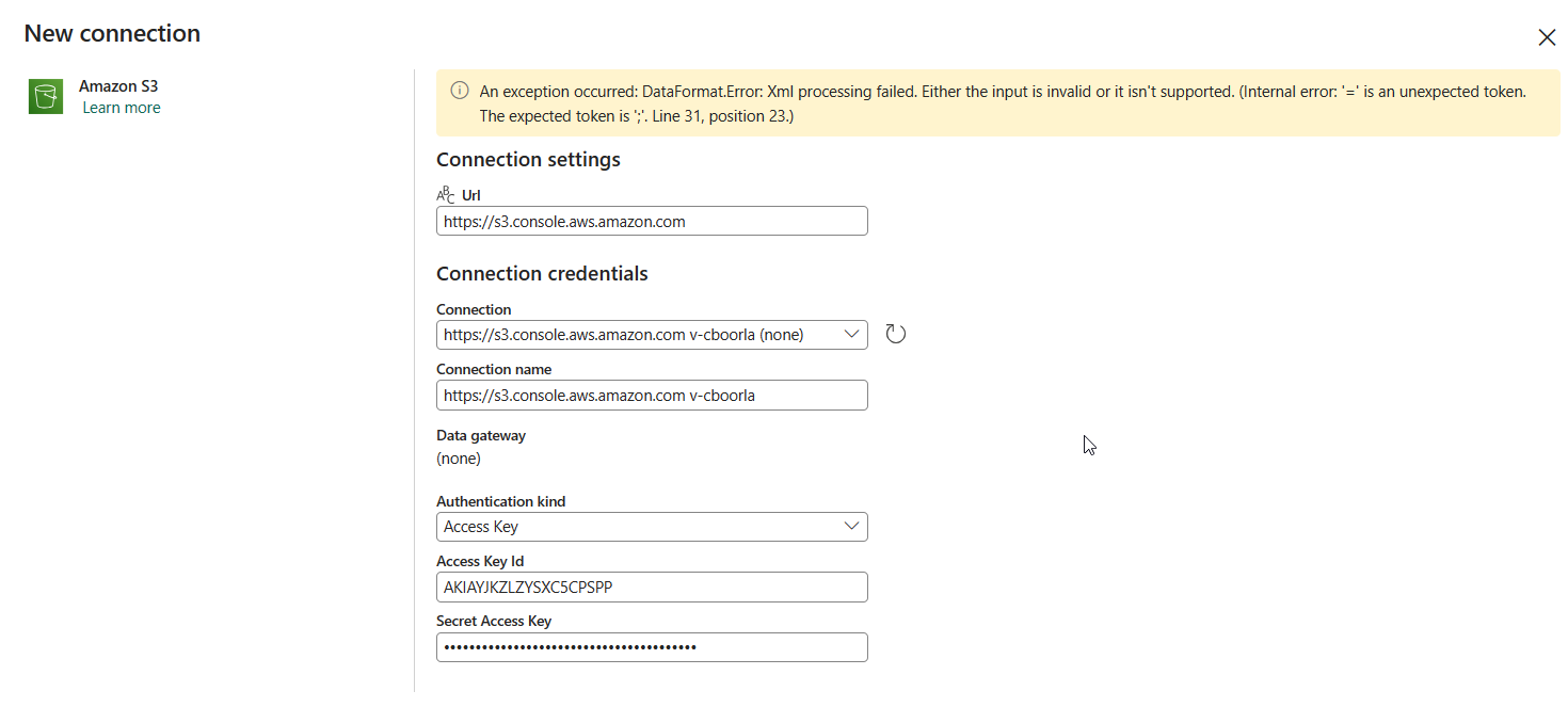 Error message for Amazon S3 Bucket Connector - Microsoft Fabric Community