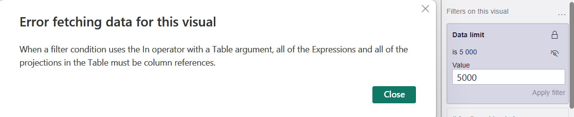 Solved: Data limit suddenly causes error in table visual ...