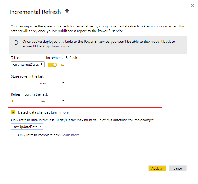 Premium Incremental Refresh Detect data changes (H... - Microsoft ...