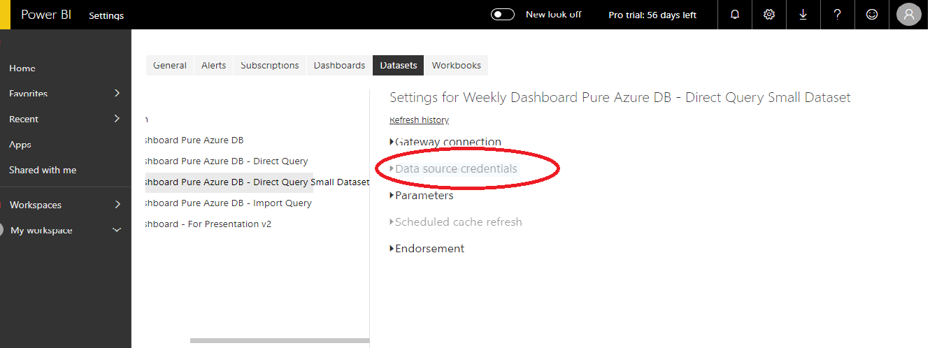 DirectQuery Azure SQL DB Data Source Credentials i... - Microsoft ...