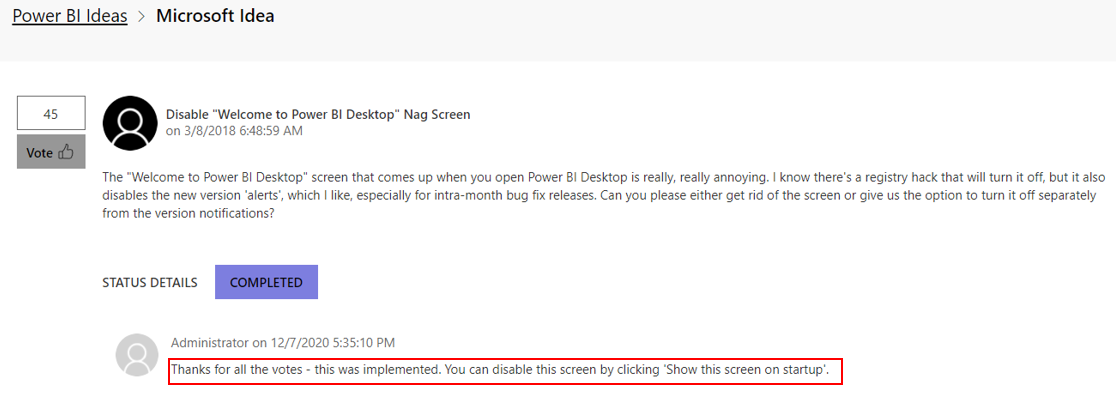 How to disable the Power BI welcome window - Microsoft Fabric Community