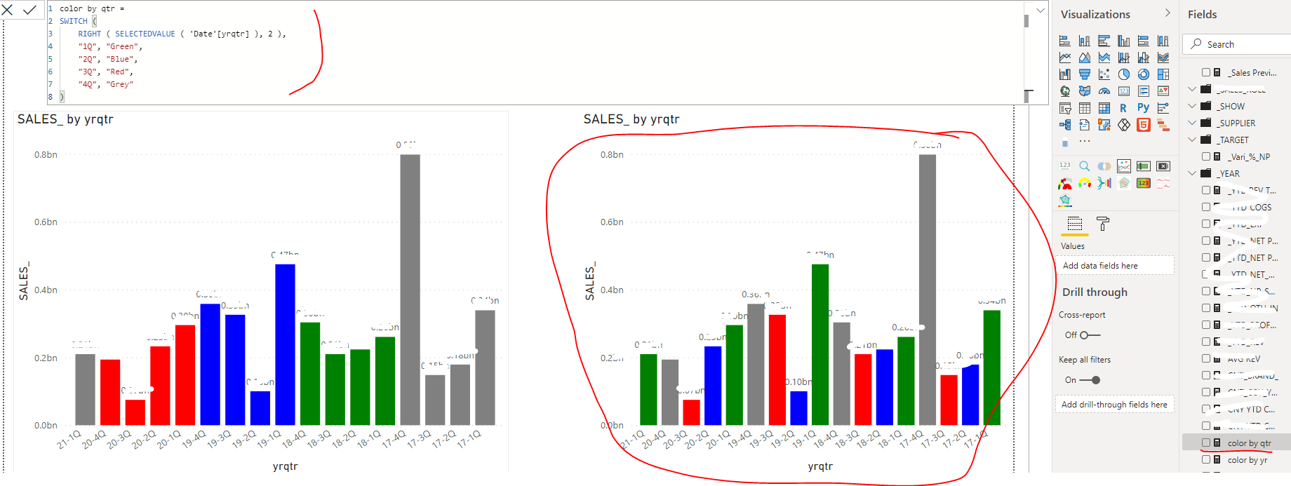 Solved: How to make Qtr Bar chart all Q1 same color and Q2 ...