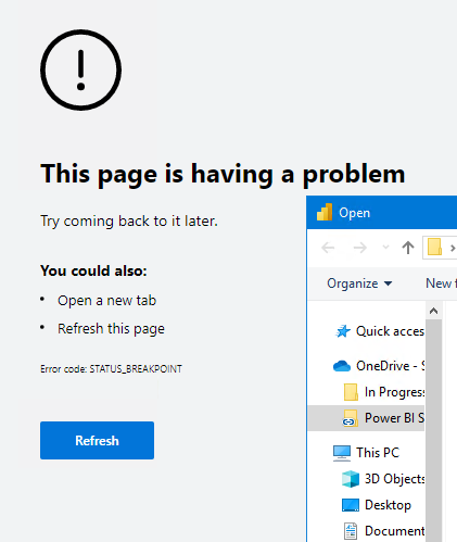 "Page is having a problem" upon desktop load - Microsoft Fabric Community