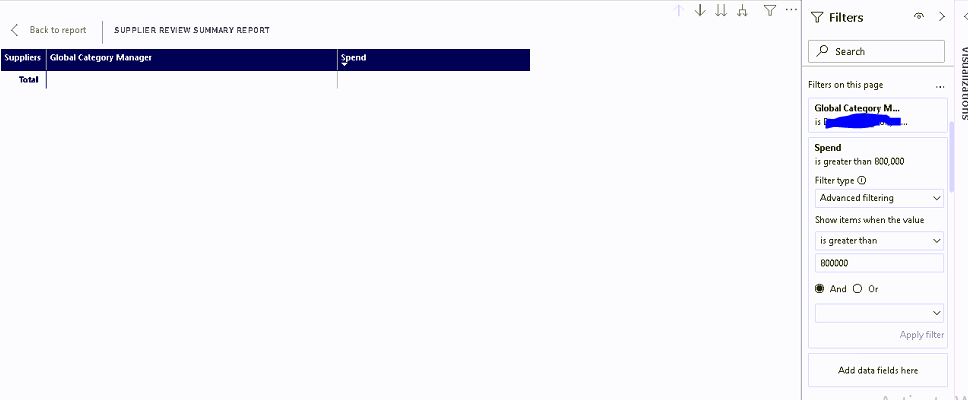 Spend filter Working at a visual level filter but ... - Microsoft ...