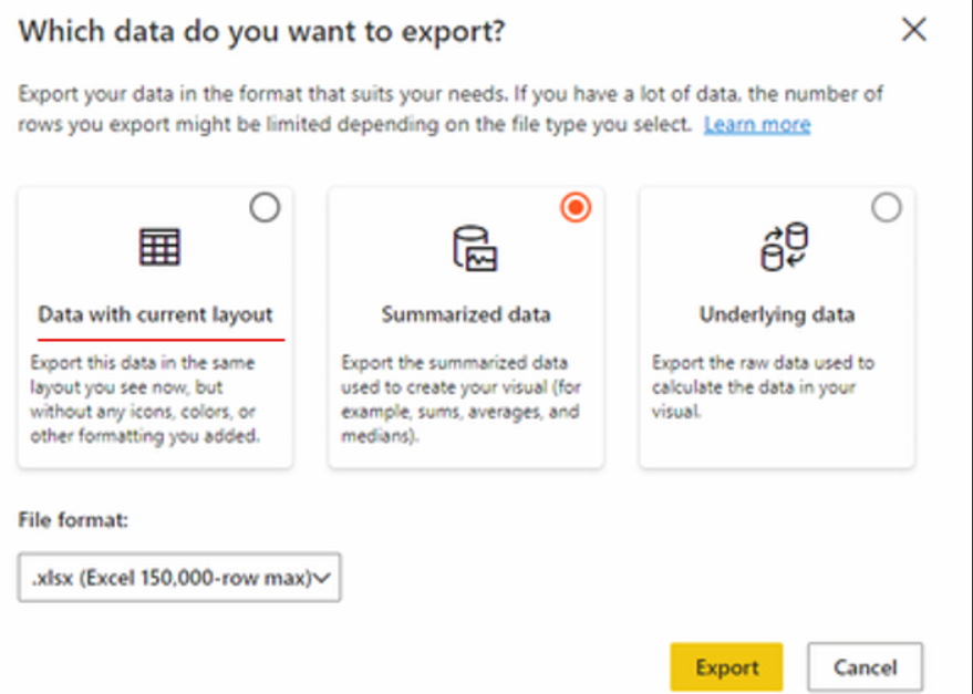 Solved: Excel Export - Data with Current layout option is ...