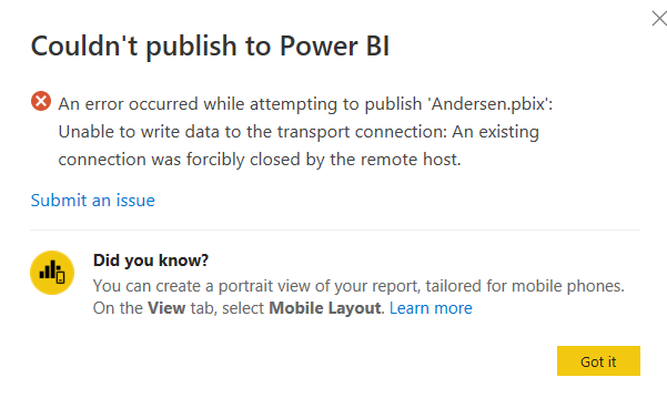 An existing connection was forcibly closed - Microsoft Fabric Community