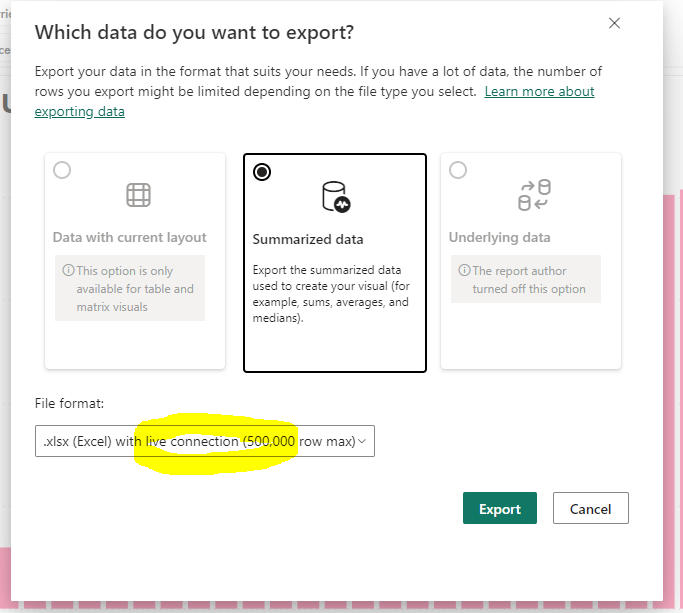 Remove excel export with live connection format - Microsoft Fabric ...