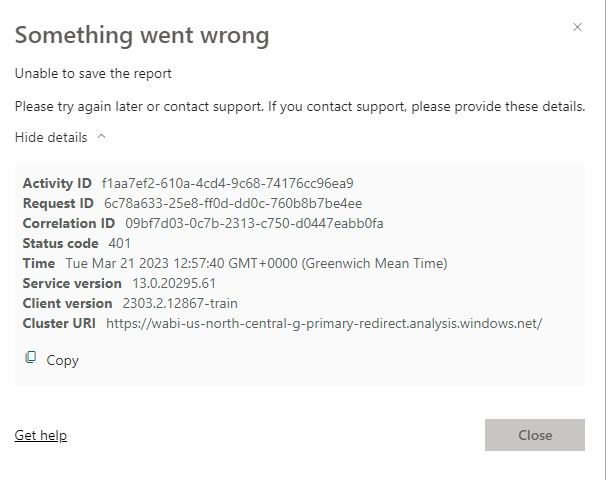 Unable to save the report - status code 401 - Microsoft Fabric Community