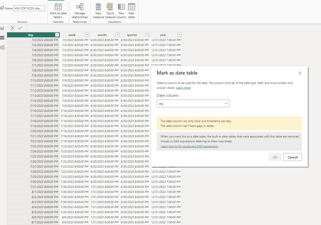 Solved: Mark as date table (bogus error?) - Microsoft Fabric Community
